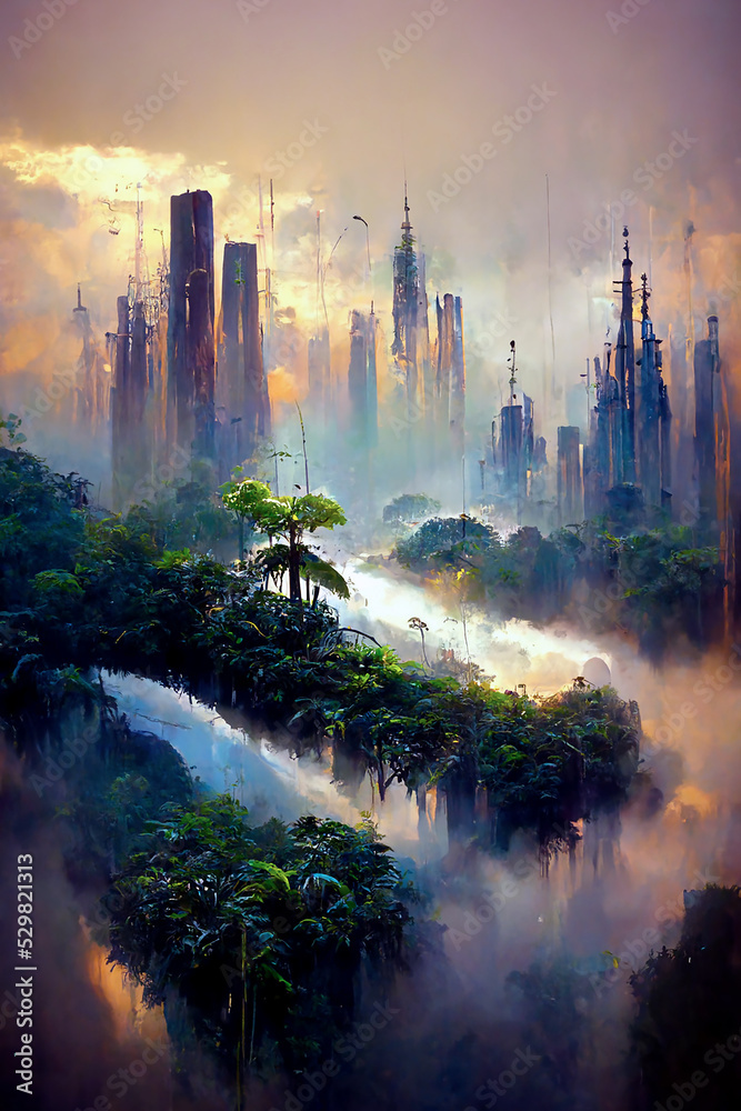 solarpunk illustration of a futuristic city and hanging gardens ...