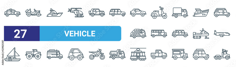 set of 27 outline web vehicle icons such as police car, classic car ...