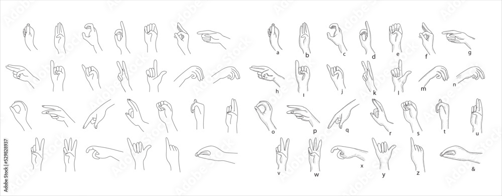 Hand sign language alphabet collection - vector line illustration Stock Vector | Adobe Stock