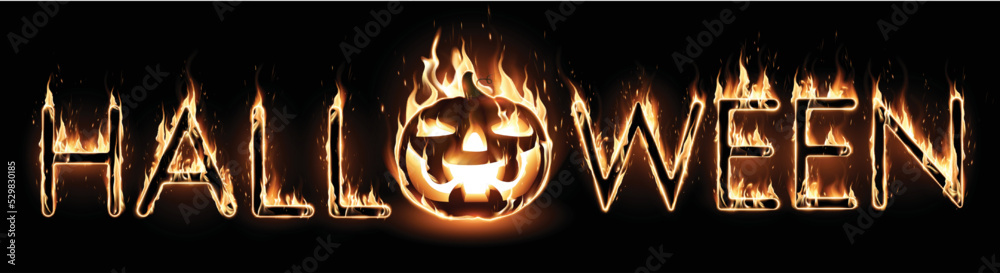 The word HALLOWEEN is written in fiery letters on a black background. A ...