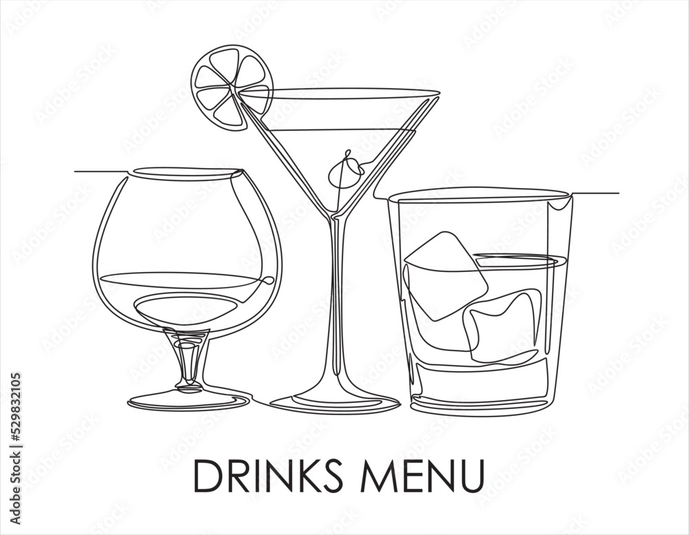 Drinks menu. Continuous one line drawing of glasses with cocktails ...