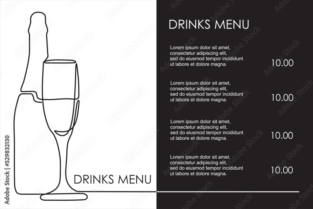 Drinks menu. Continuous one line drawing of bottle and a glass ...
