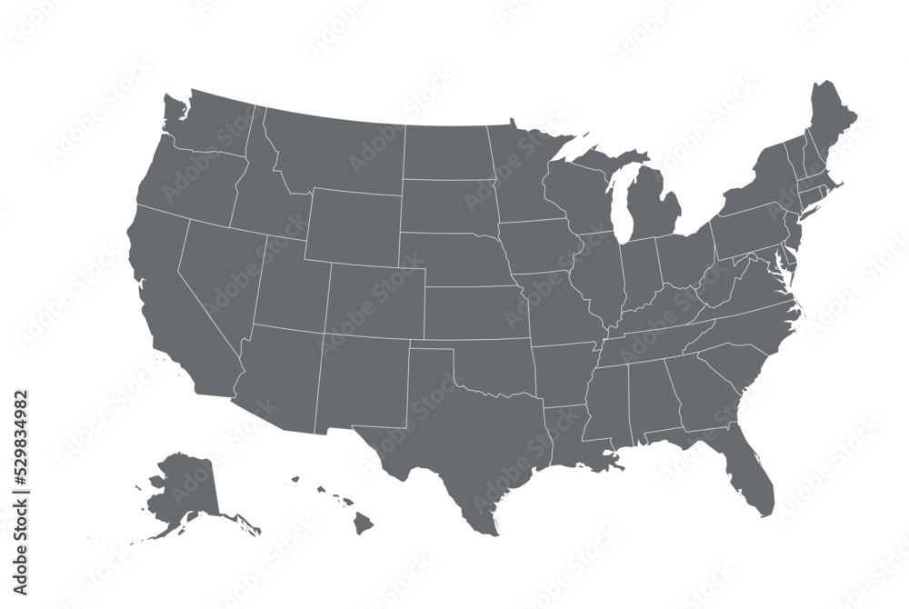 Grey USA map with states isolated on a white background. United States ...