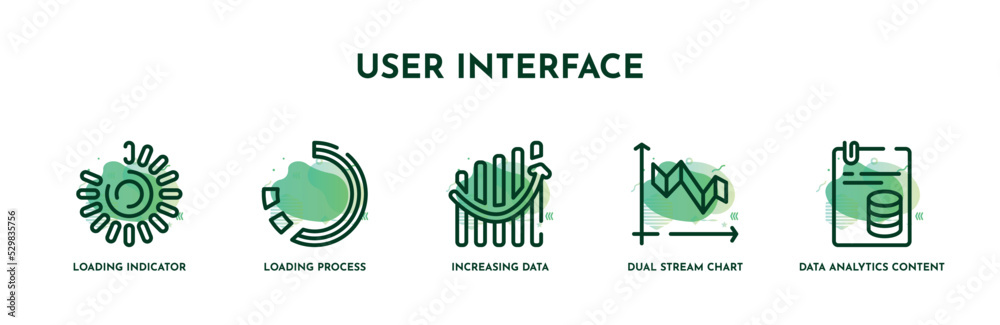 set of 5 thin line user interface icons. outline icons including loading indicator, loading ...