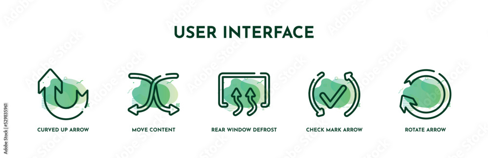 set of 5 thin line user interface icons. outline icons including curved up arrow, move content ...