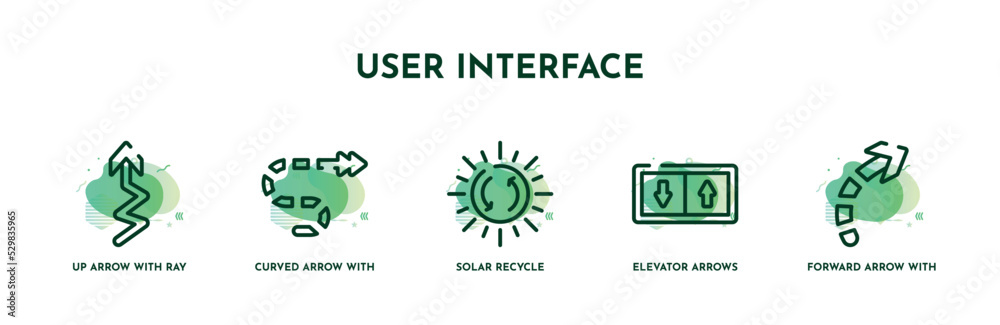 Vetor de set of 5 thin line user interface icons. outline icons including up arrow with ray ...