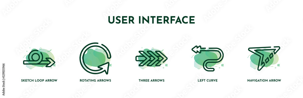 set of 5 thin line user interface icons. outline icons including sketch loop arrow, rotating ...