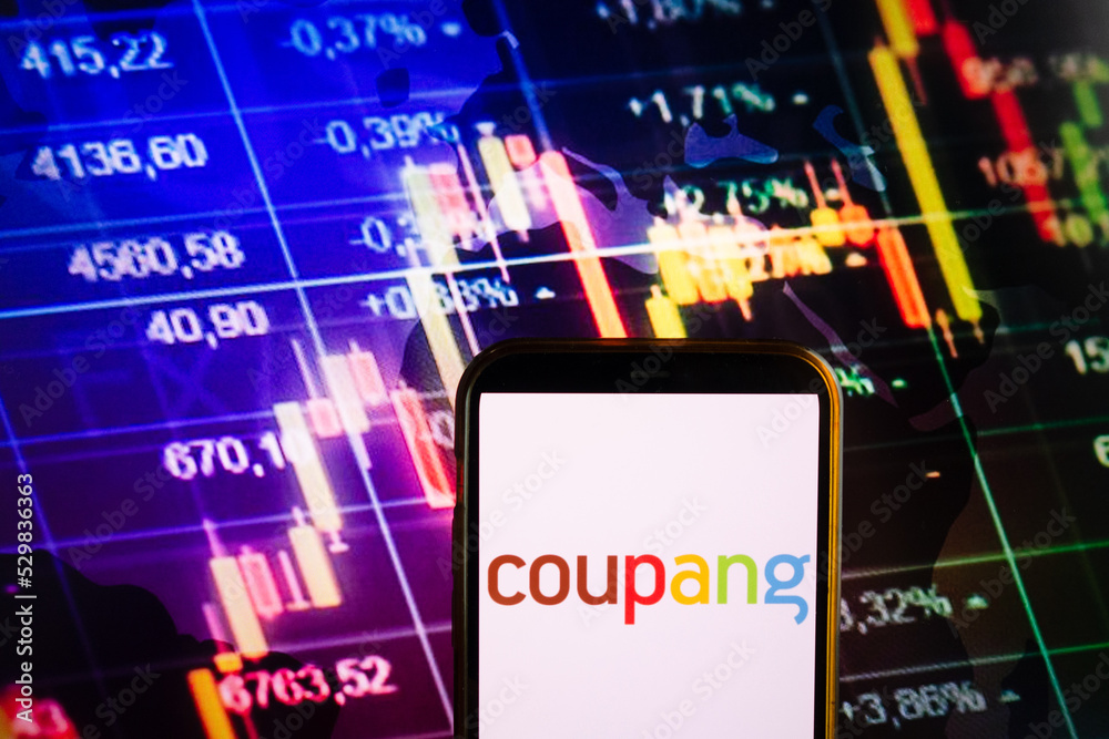 KONSKIE, POLAND - September 10, 2022: Smartphone displaying logo of Coupang company on stock ...