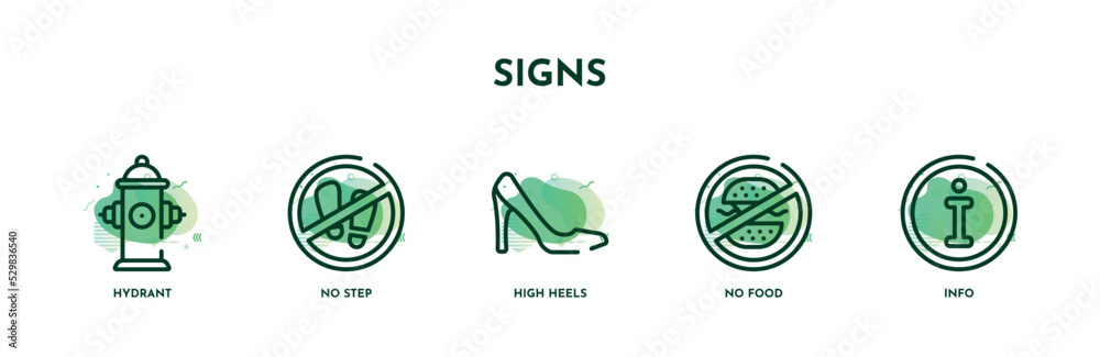 set of 5 thin line signs icons. outline icons including hydrant, no ...