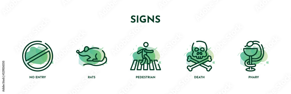 set of 5 thin line signs icons. outline icons including no entry, rats ...