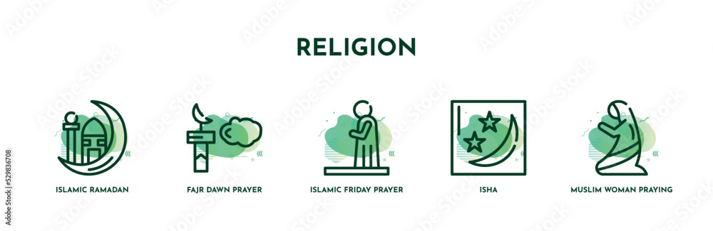 set of 5 thin line religion icons. outline icons including islamic ...