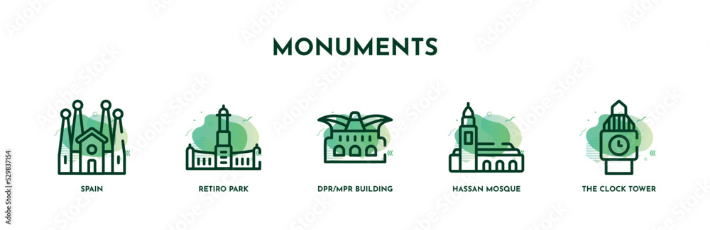set of 5 thin line monuments icons. outline icons including spain ...