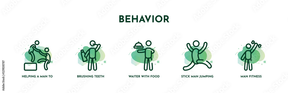 set of 5 thin line behavior icons. outline icons including helping a ...