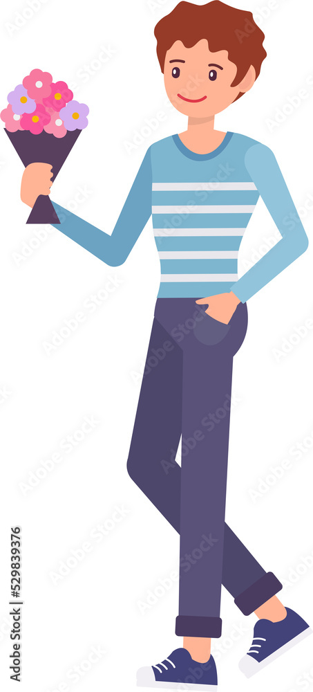 Cute cartoon people male man character holding flower bouquet Stock ...