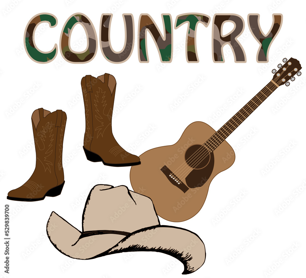 Country music design, illustration. Guitar, Cowboy boots, and western ...