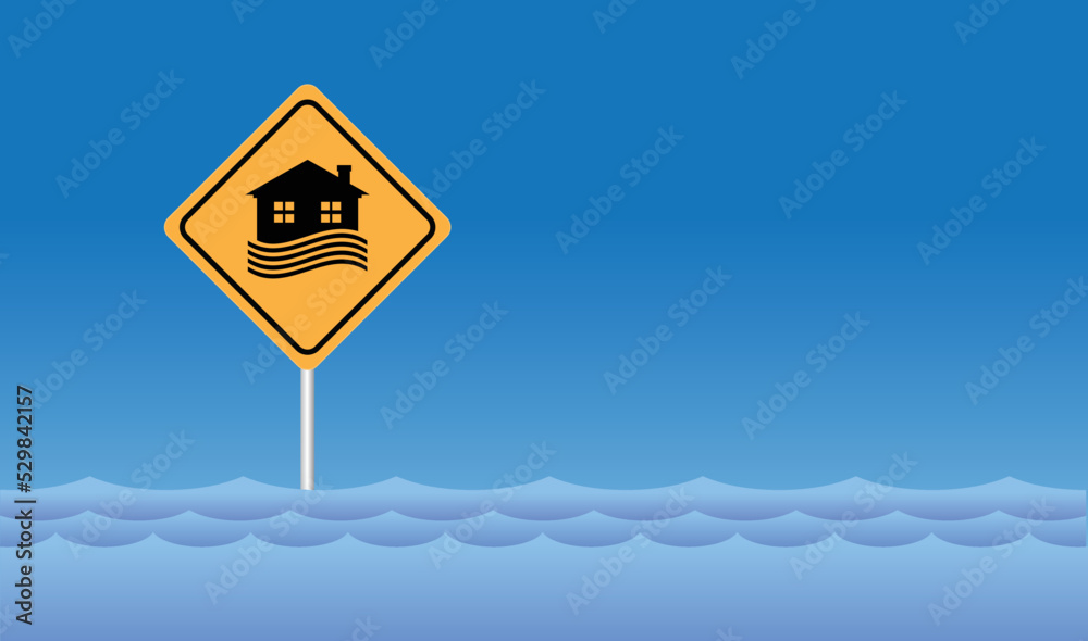 Flood area sign, natural disaster with house, heavy rain and storm ...