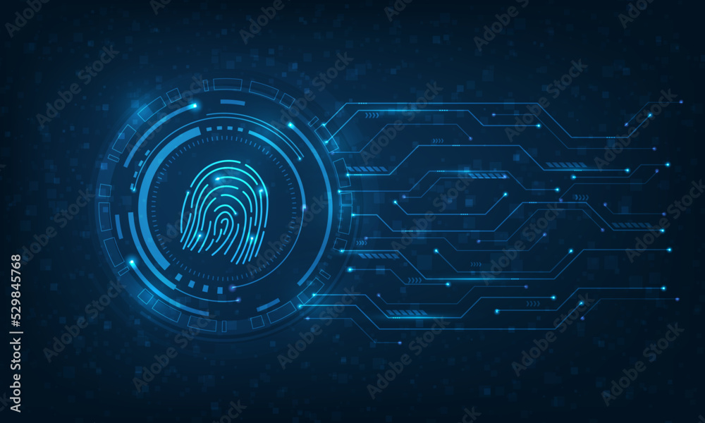 security fingerprint cyber technology with curcuit digital on blue dark ...