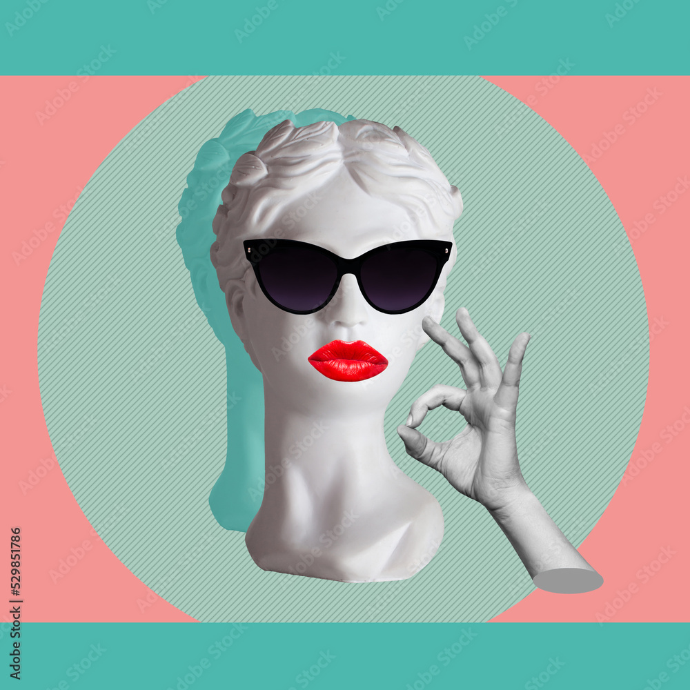 Confident antique female statue's head in black sunglasses with red ...