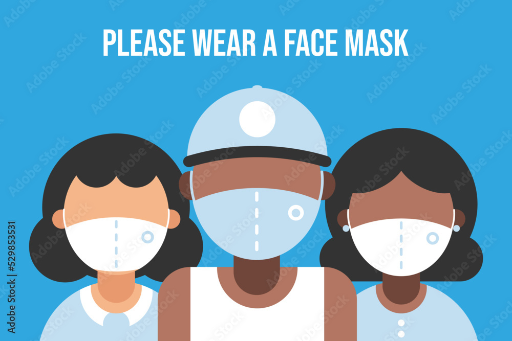 Please wear a face mask vector cartoon style illustration, card with ...