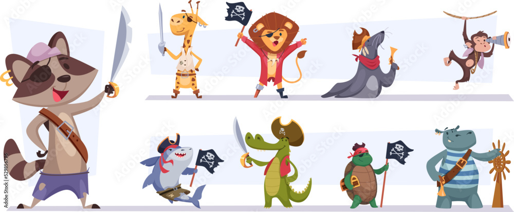 Pirate animals. Cute funny cartoon sailors animals in pirate costumes ...