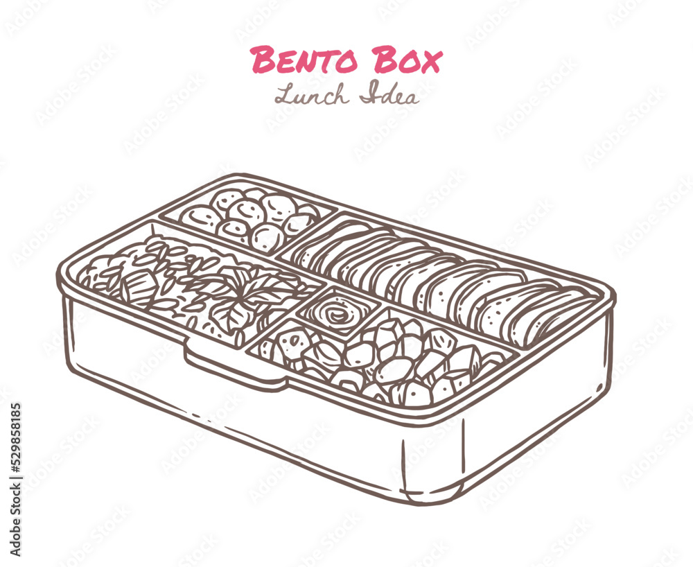 Bento box with japanese food for lunch sketch vector illustration. Hand ...
