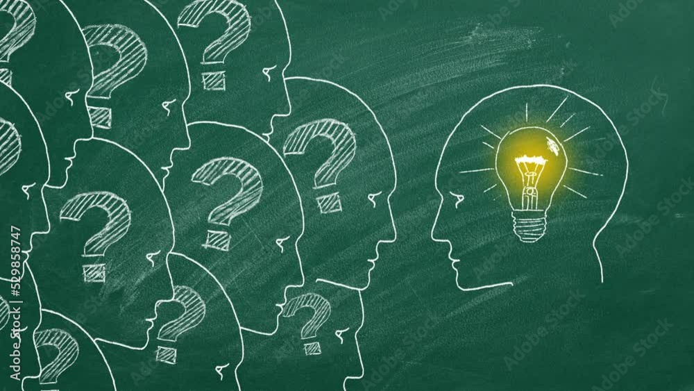 Human heads with question marks inside and one head with light bulb ...
