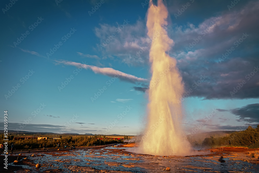 Stunning Eruption of Strokkur Geysir in Iceland during sunset. Strokkur ...