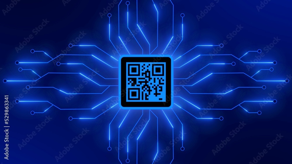Image of QR code between information connecting lines in the middle on futuristic digital ...