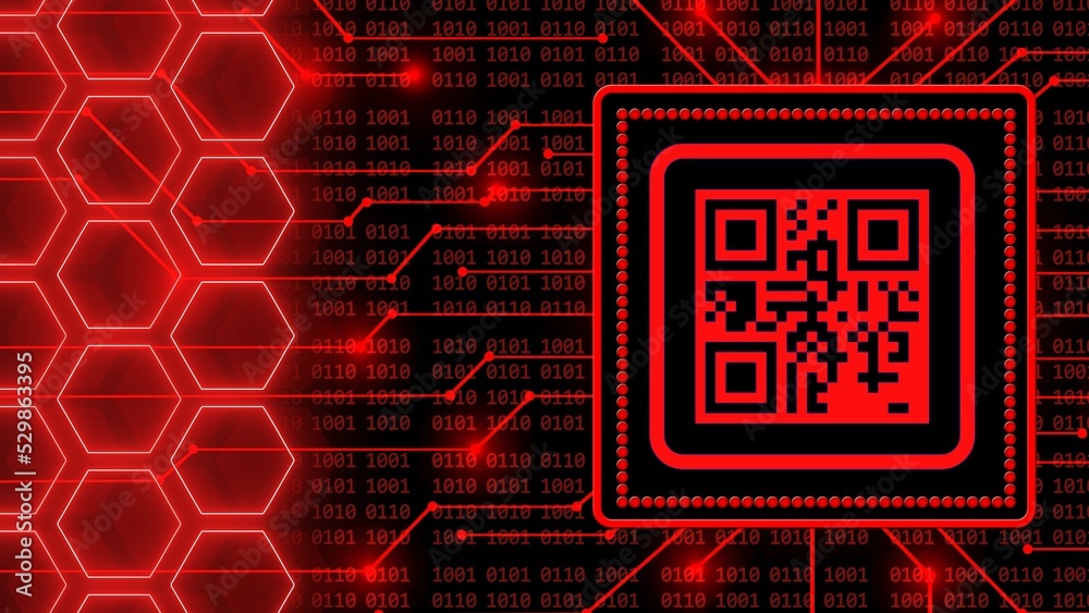 Image of QR code on abstract background of 4-digit binary code behind information connecting ...