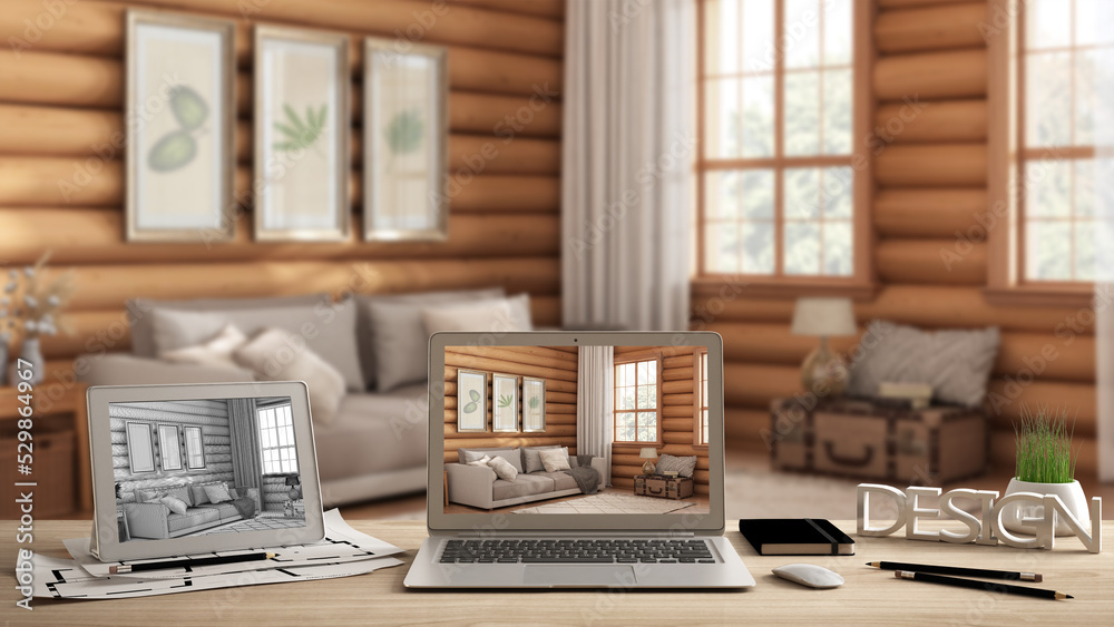 Architect designer desktop concept, laptop and tablet on wooden desk ...