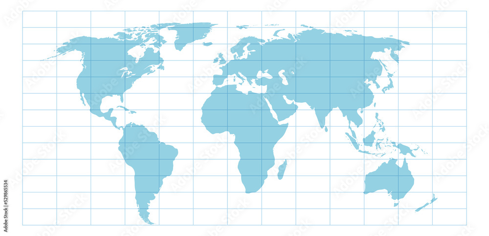World map with coordinate grid. Geographical globe projection Stock ...
