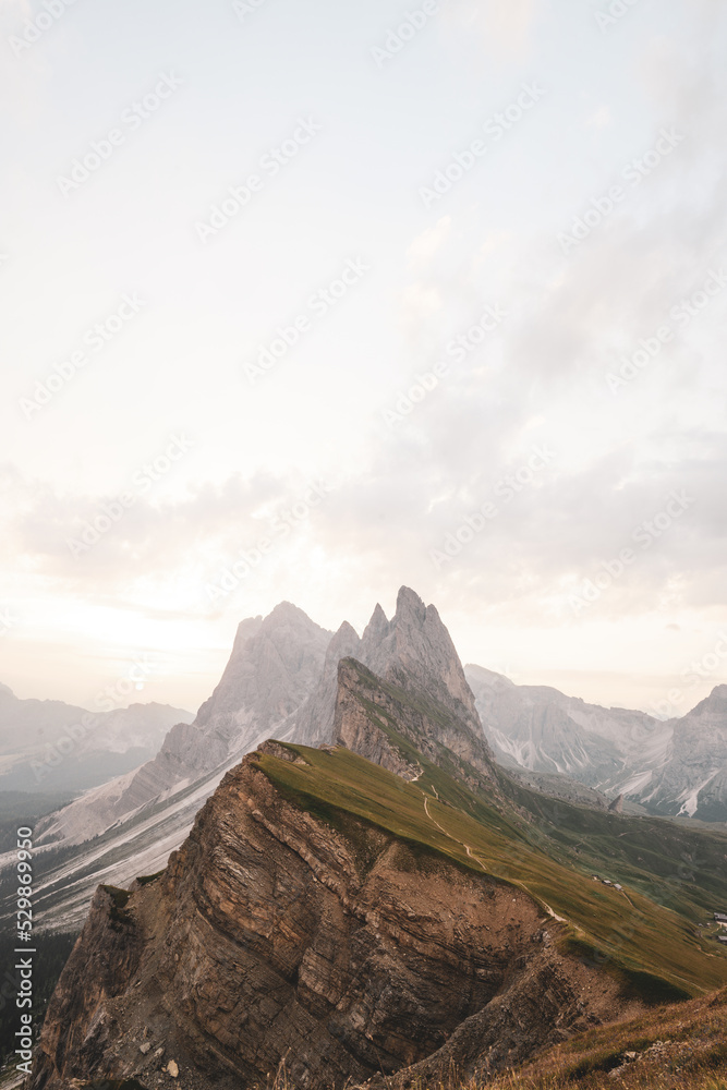 Stunning view of the Seceda ridge during a cloudy day. The Seceda with ...