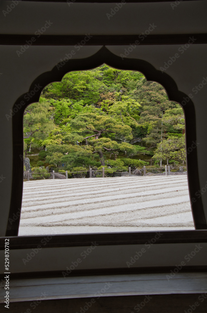 The Japanese garden view in the window frame. Ginkaku-Ji Temple. Kyoto ...