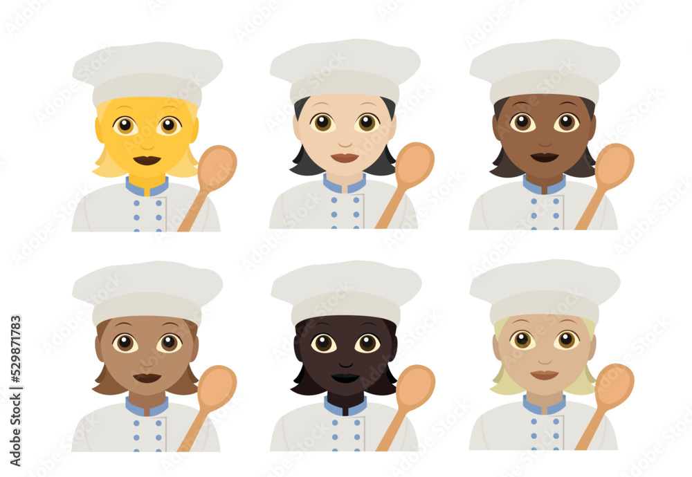 Chef cook woman emoji vector set illustration person character skin ...