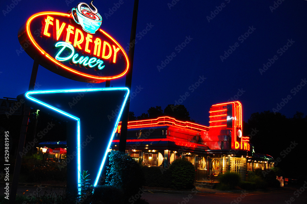 The neon lights of the Eveready Diner, a retro, futuristic and Art Deco ...