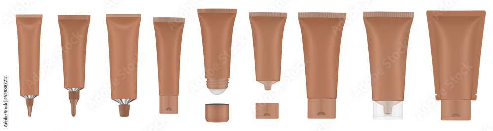 Set of brown tubes and bottles. Roller ball tube. Open and closed blank ...