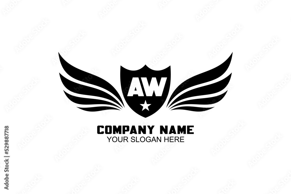 Letter AW Abstract feather wings icons. Silhouette pair of wings icon ...