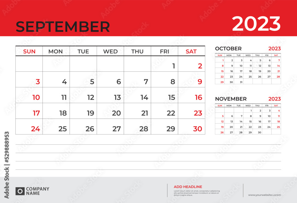Desk Calendar 2023 design, September 2023 template, week start on ...