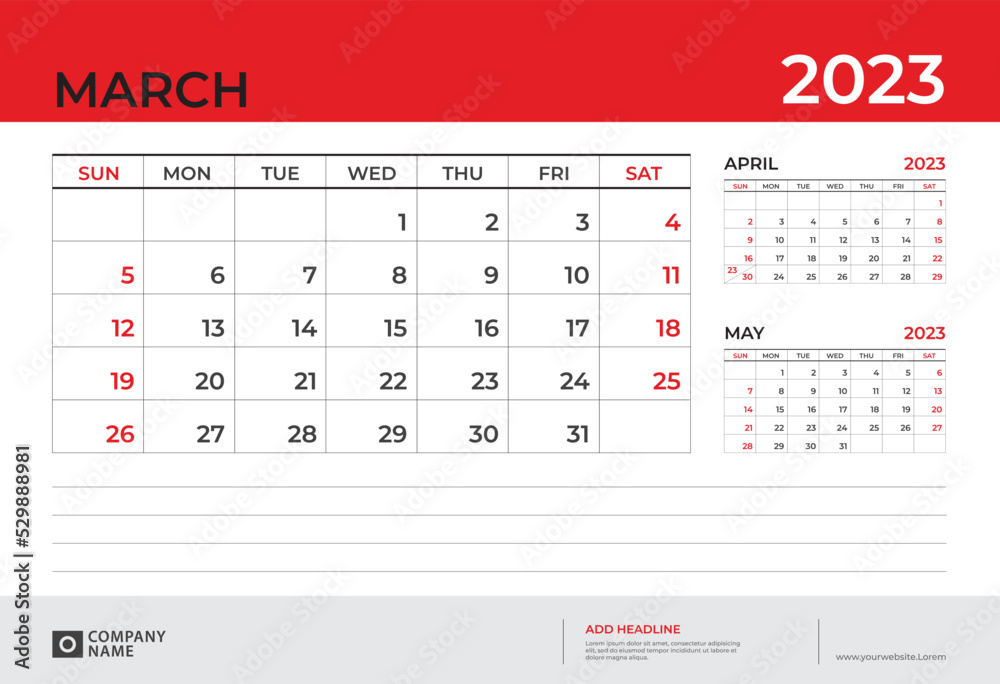 Desk Calendar 2023 design, March 2023 template, week start on sunday ...