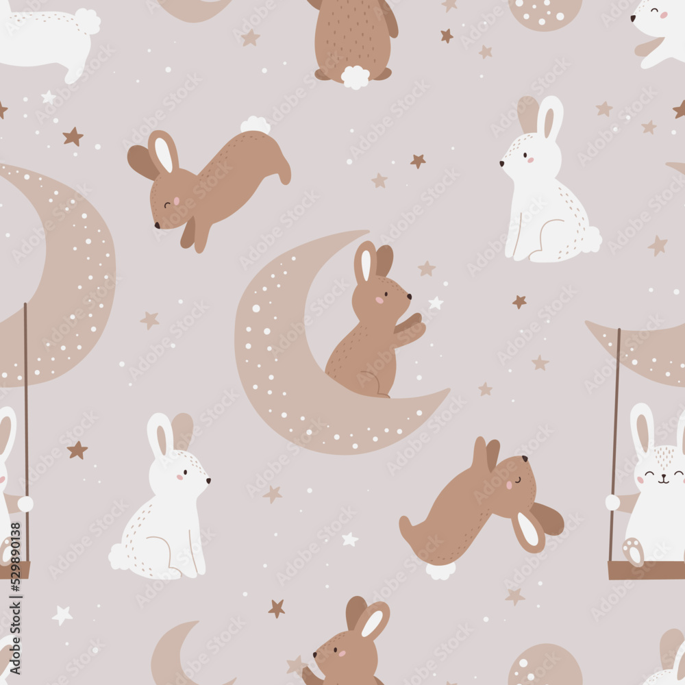 Seamless pattern with cute rabbits, stars and moon. Cartoon bunny ...