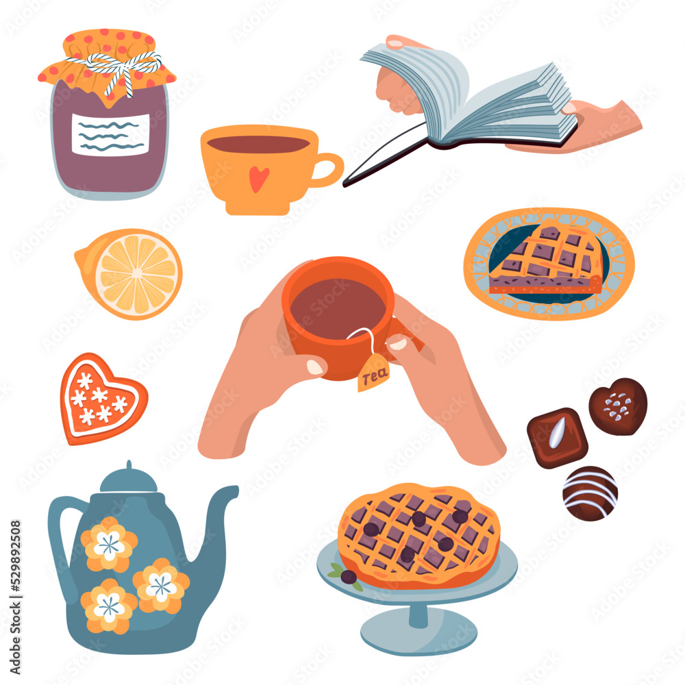 Hands with a cup of tea, book, a sweet cake, a teapot, a lemon, a jar ...