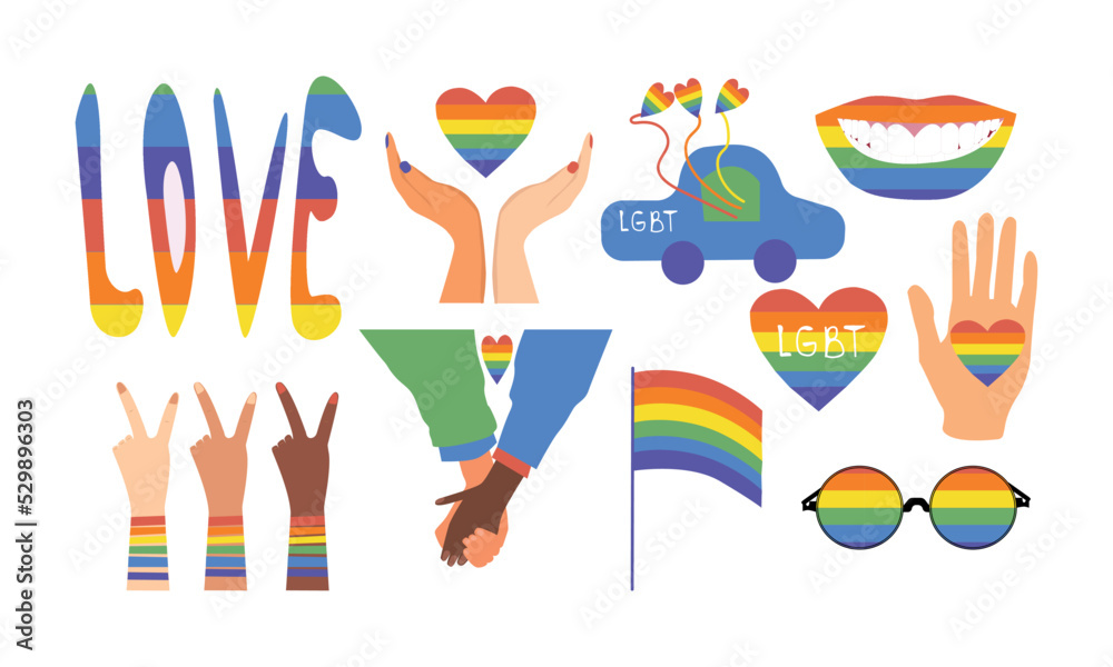 Vector set of LGBTQ community symbols with pride flags, gender signs ...