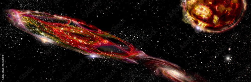 Poster A quasar with a black hole at the center and a spiral galaxy and ...