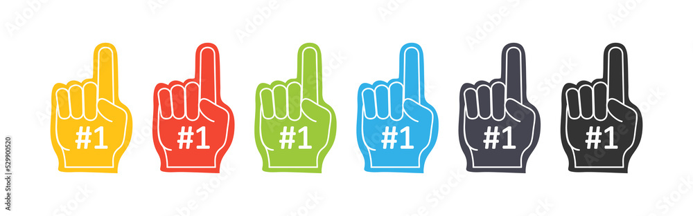 Colors foam finger icon set. Sports paraphernalia fun symbol. Sign ...