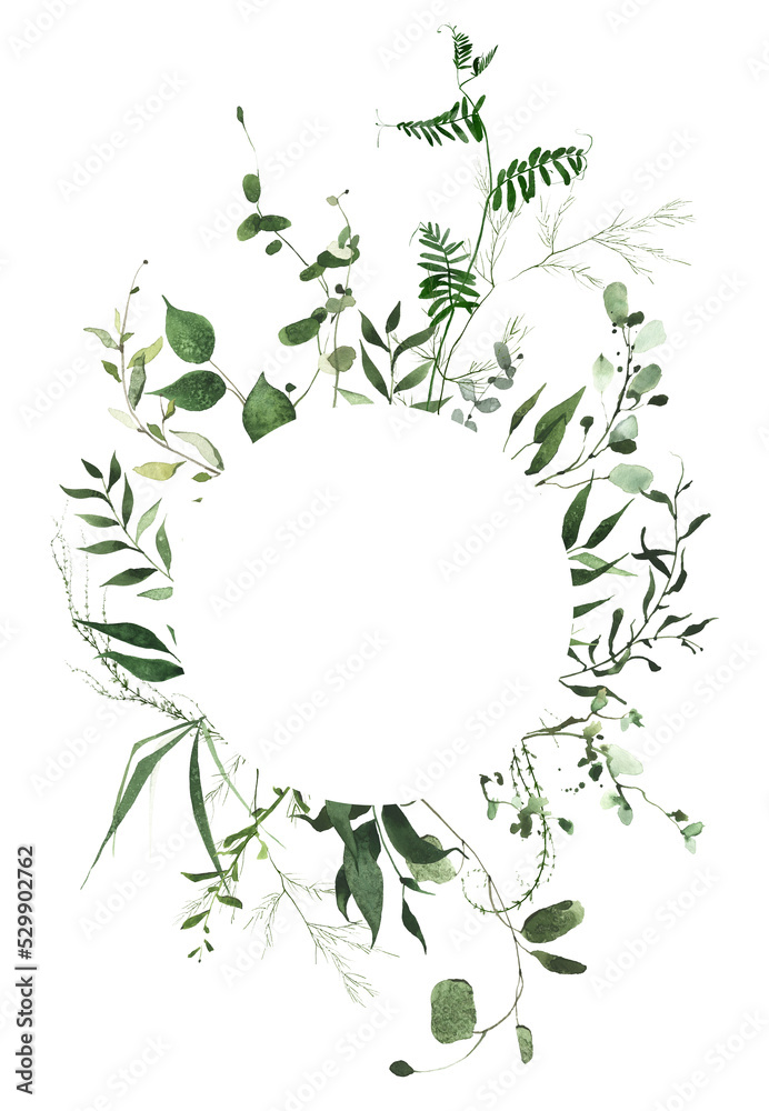 Watercolor painted greenery round frame on white background. Green wild ...
