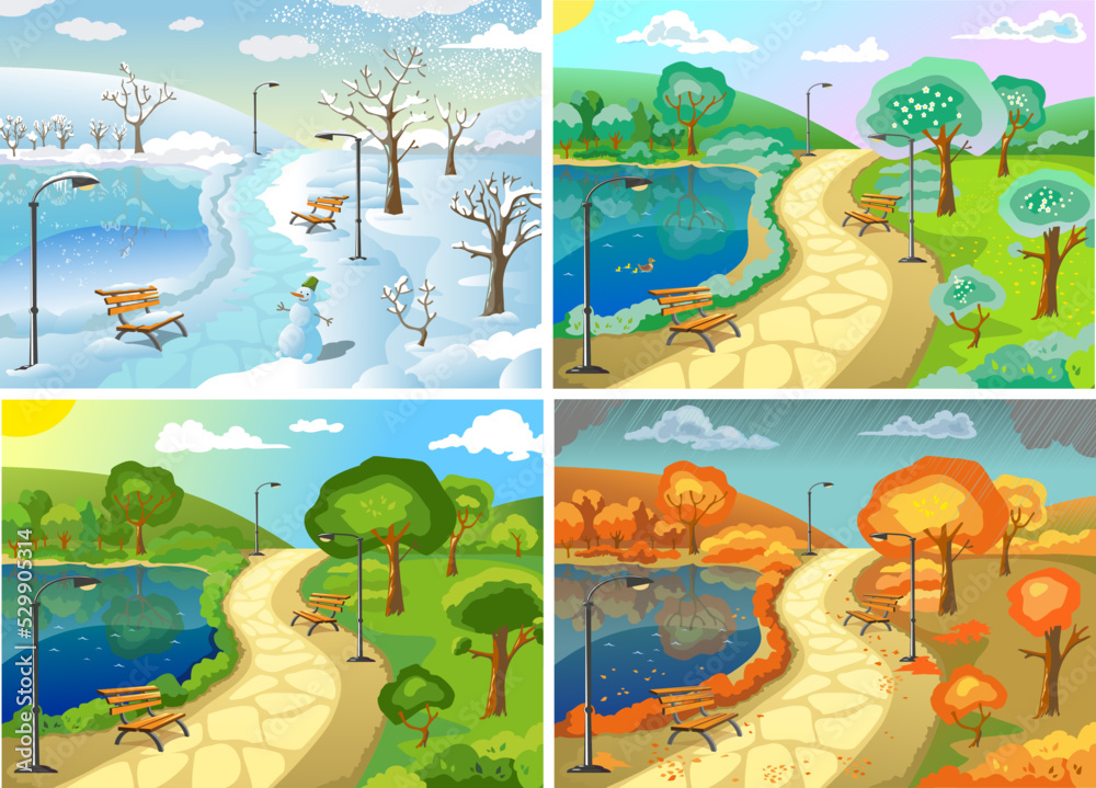 Four seasons of the years. Winter, spring, summer, autumn. Illustration ...