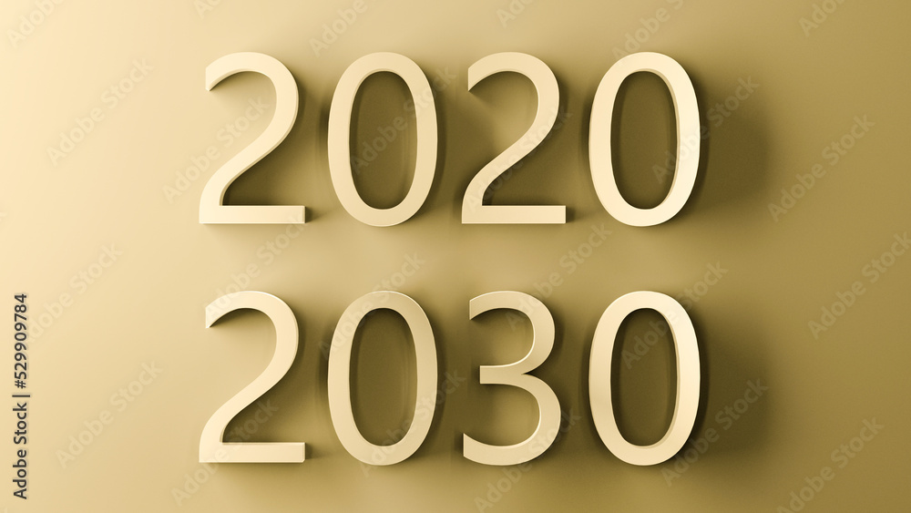 Golden numbers 2020 - 2030. Time span from 2020 to 2030. 3D render ...