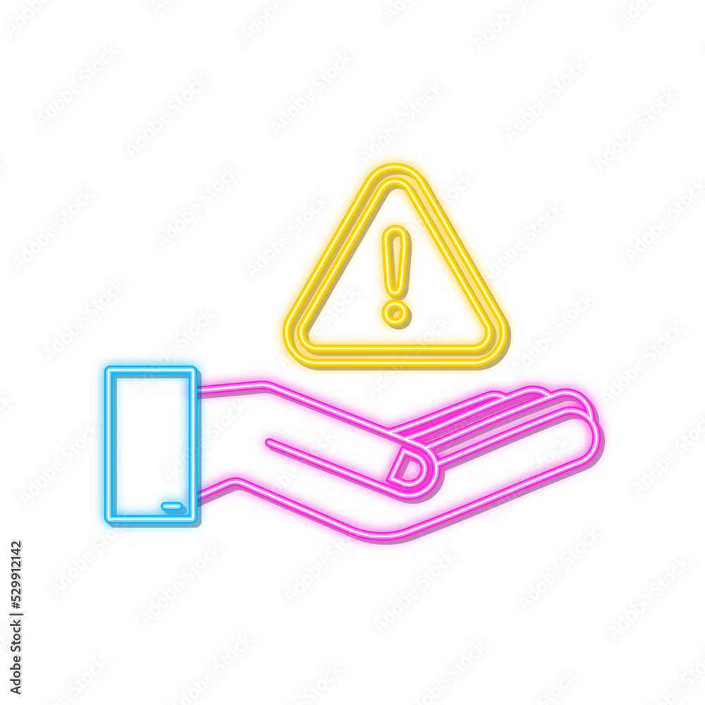 Neon banner with yellow scam alert over hands. Attention sign. Cyber ...
