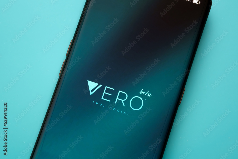 VERO app login screen seen on smartphone screen. Vero is a social media ...