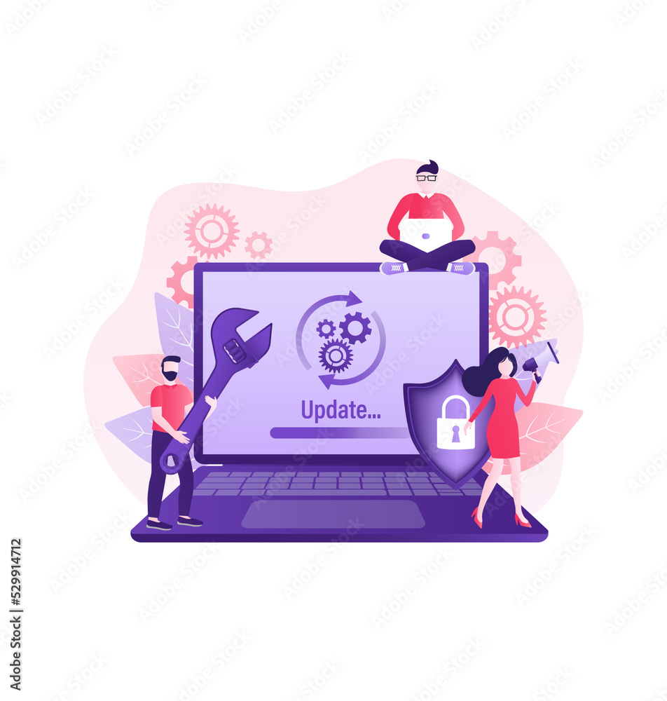 Cartoon software update people for mobile app design. Isometric vector ...